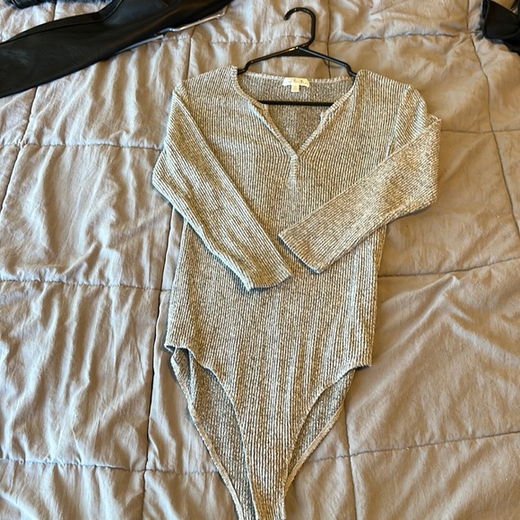 nine britton | Tops | Nine Britton Ribbon Grey Bodysuit | Poshmark